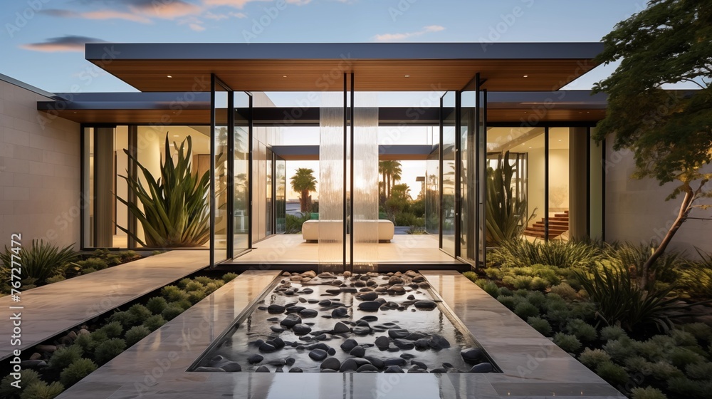 Seaside modern home entry with water feature entry courtyard and sleek ...
