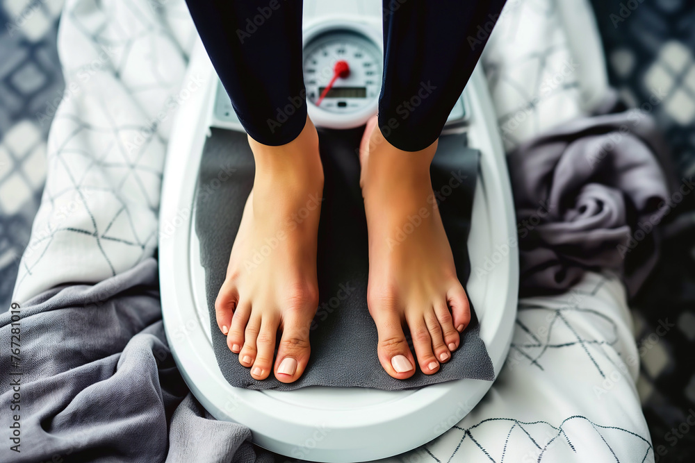 Person weighing themselves on a scale placed on a bed, checking weight ...