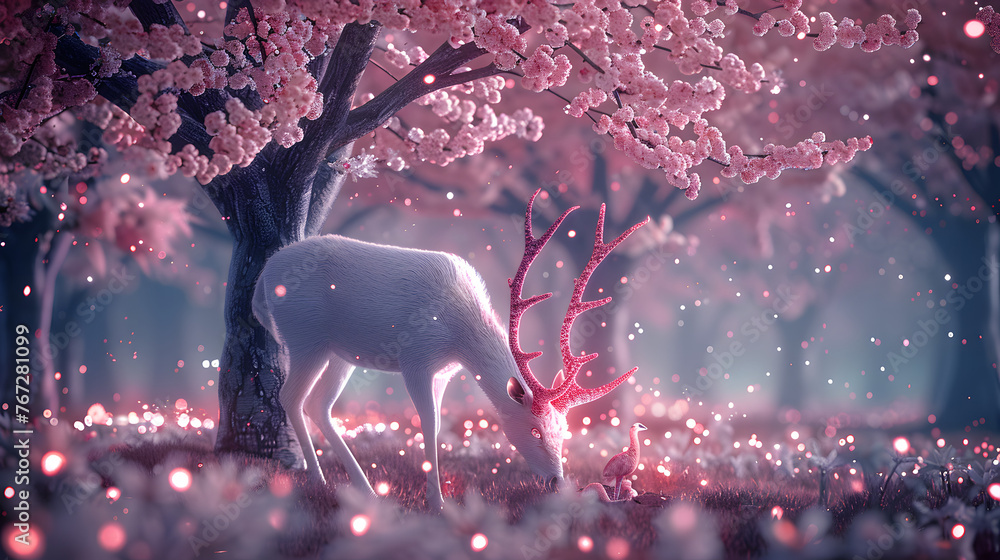 A white deer with tree antlers eating in a field surrounded by ...