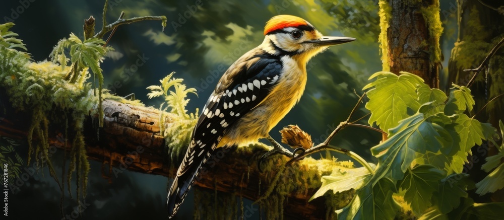 A Piciformes bird with a strong beak, known as a woodpecker, perched on ...