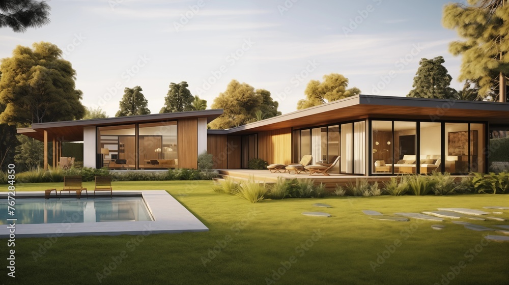 Midcentury modern ranch house with post-and-beam architecture. Stock ...