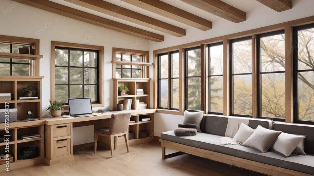 Minimalist Craftsman-inspired home office with oak built-ins wood beams ...