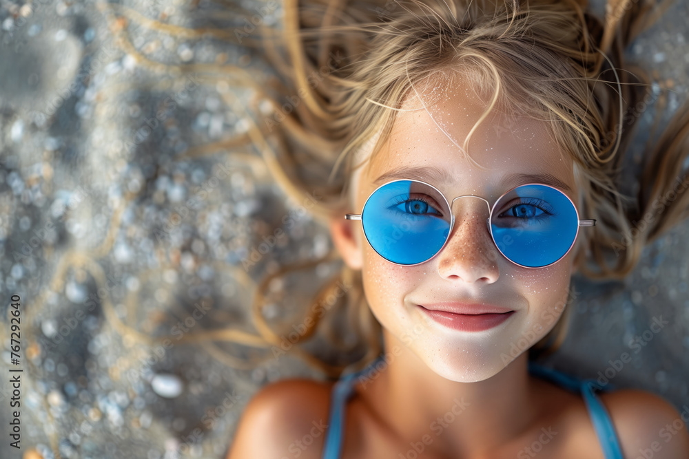 Portrait of a beautiful cheerful child girl 12 years old in sunglasses ...