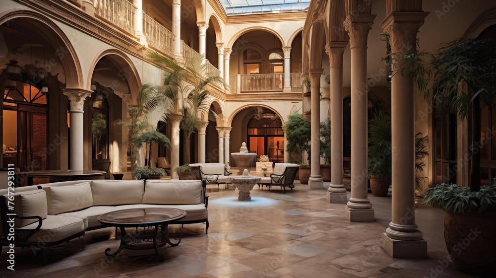 Opulent Venetian-inspired palazzo indoor courtyard lounge with vaulted ...