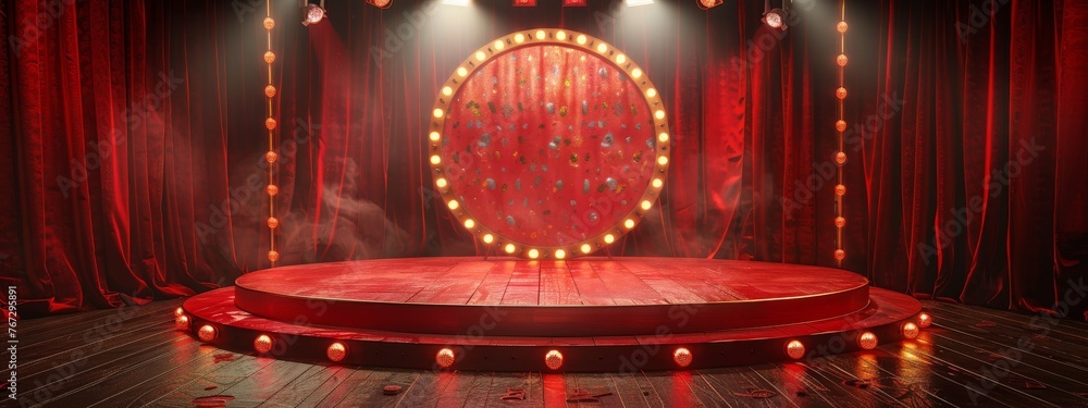 Circus stage podium background 3D carnival light red show curtain ...
