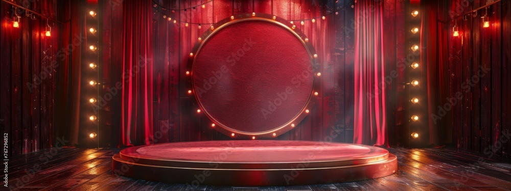 Circus stage podium background 3D carnival light red show curtain ...