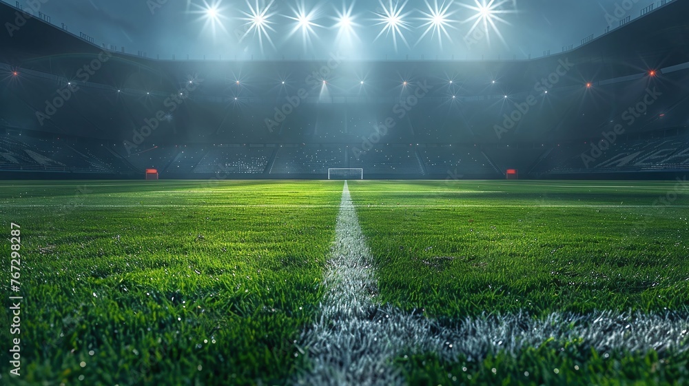 soccer sport arena with a spotlight shining on the green grass field ...
