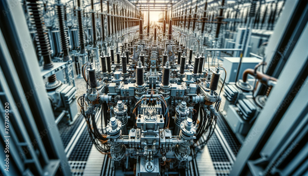 Complex switchgear components of an electrical substation with ...