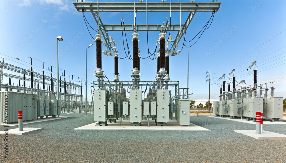 A modern, high-tech electrical substation on a clear, bright day. The ...