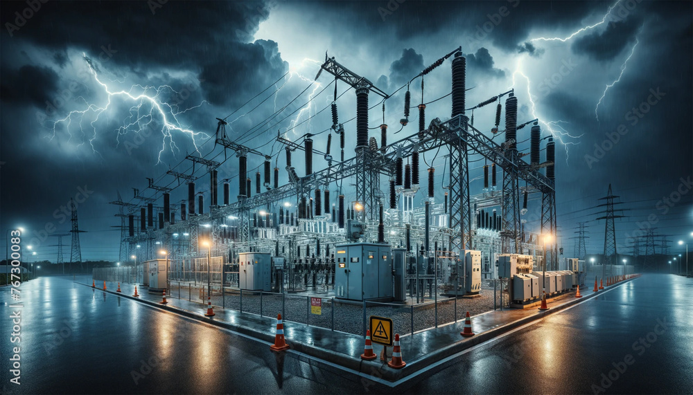 An electrical substation on a stormy evening when lightning illuminates ...