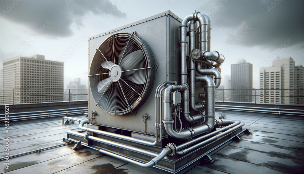 Industrial air conditioner with prominent large fan and complex piping ...
