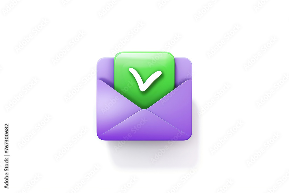 Violet mail envelope with white and green checkbox on white background ...