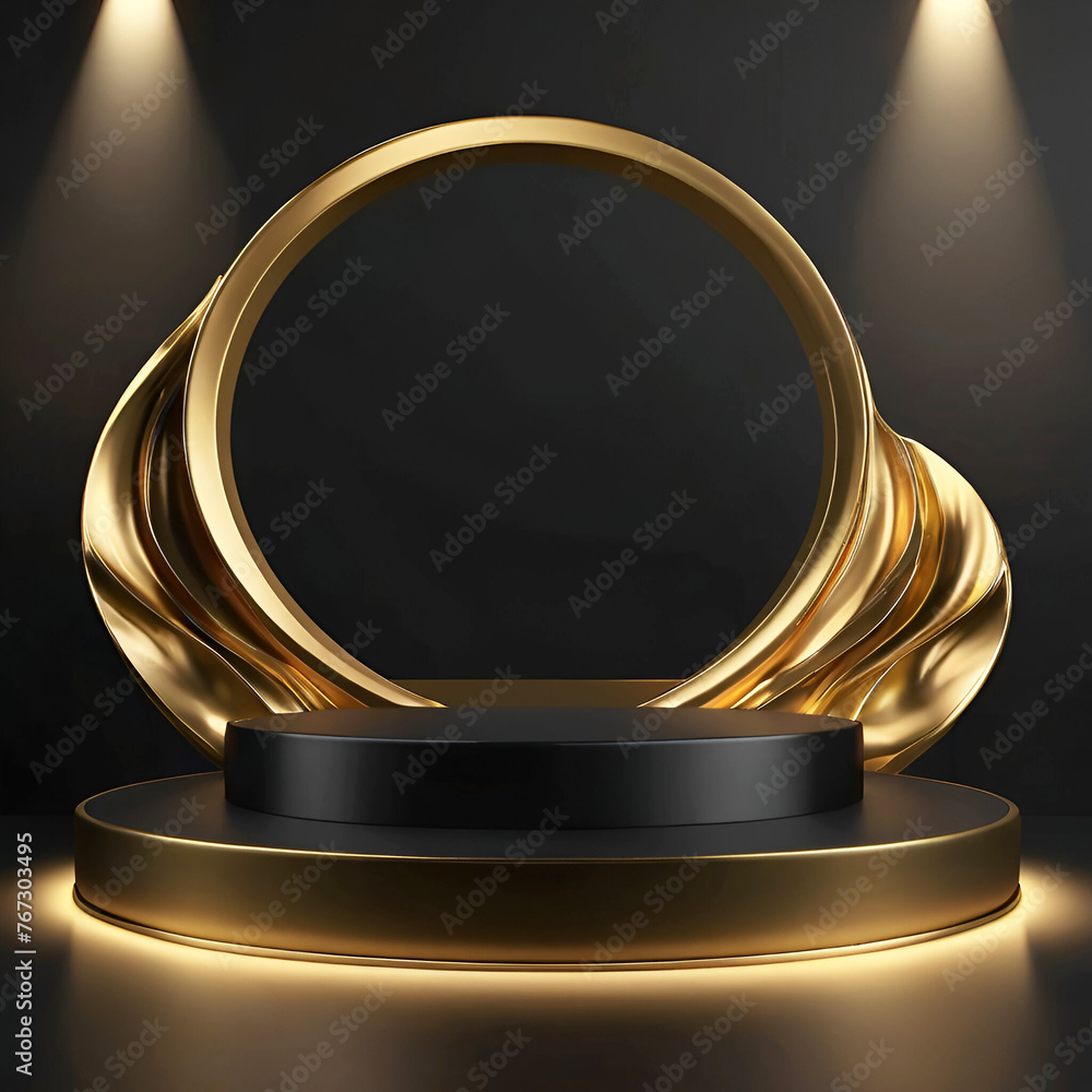 Gold black podium background 3D golden product line stage dark platform ...