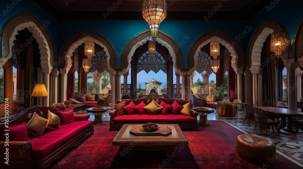 Lavish Moroccan-style lounge with hand-carved wood ceilings jewel-toned ...