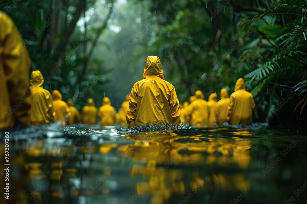Group of people in yellow raincoats wading through a jungle river ...