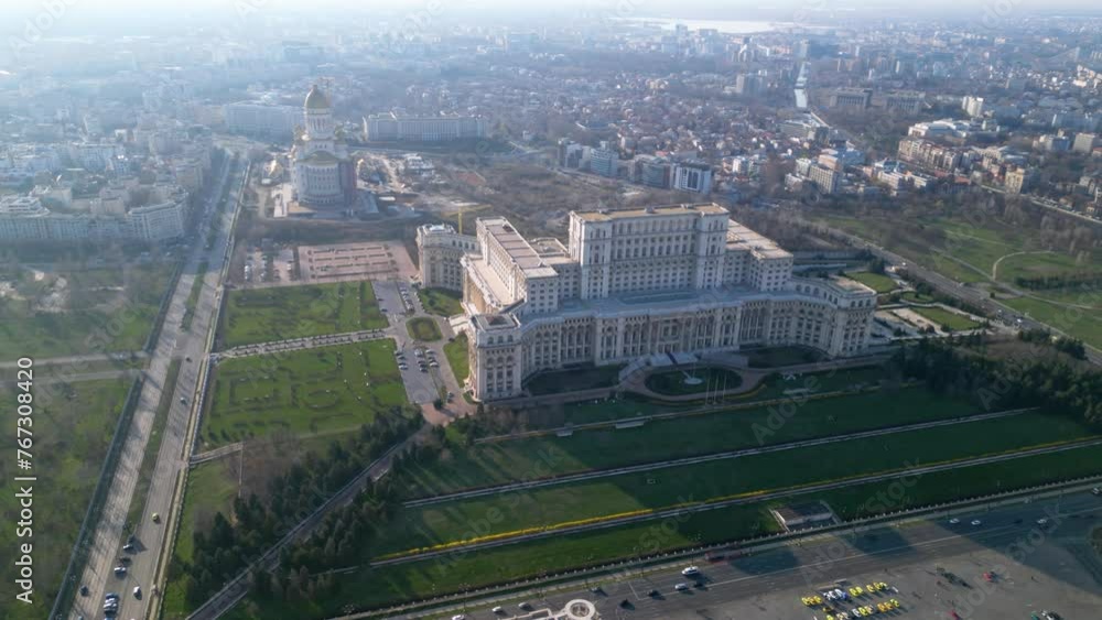 High angle drone footage of the Palace of the parliament in Bucharest ...
