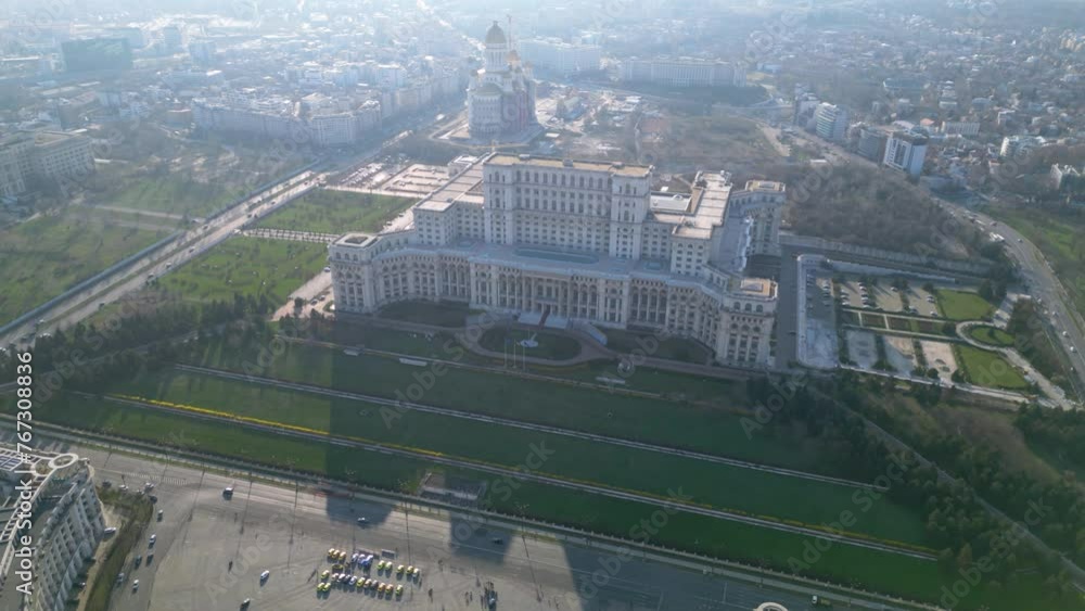 High angle drone footage of the Palace of the parliament in Bucharest ...