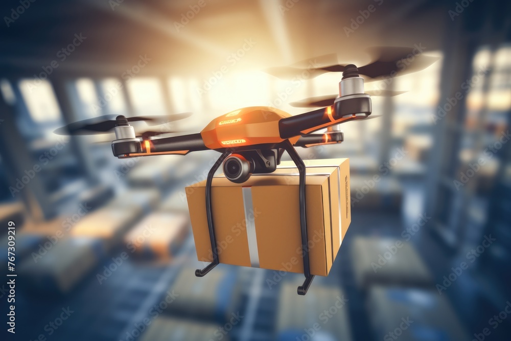 An automated delivery drone lifting off from a distribution hub ...