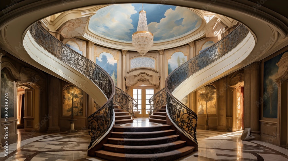 Lavish Venetian-inspired circular entrance rotunda with curved double ...