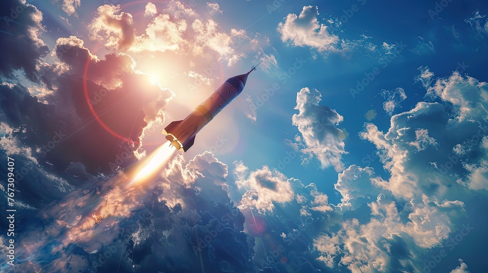 Ballistic missile flying in the sky. Air defense system. Impressive ...