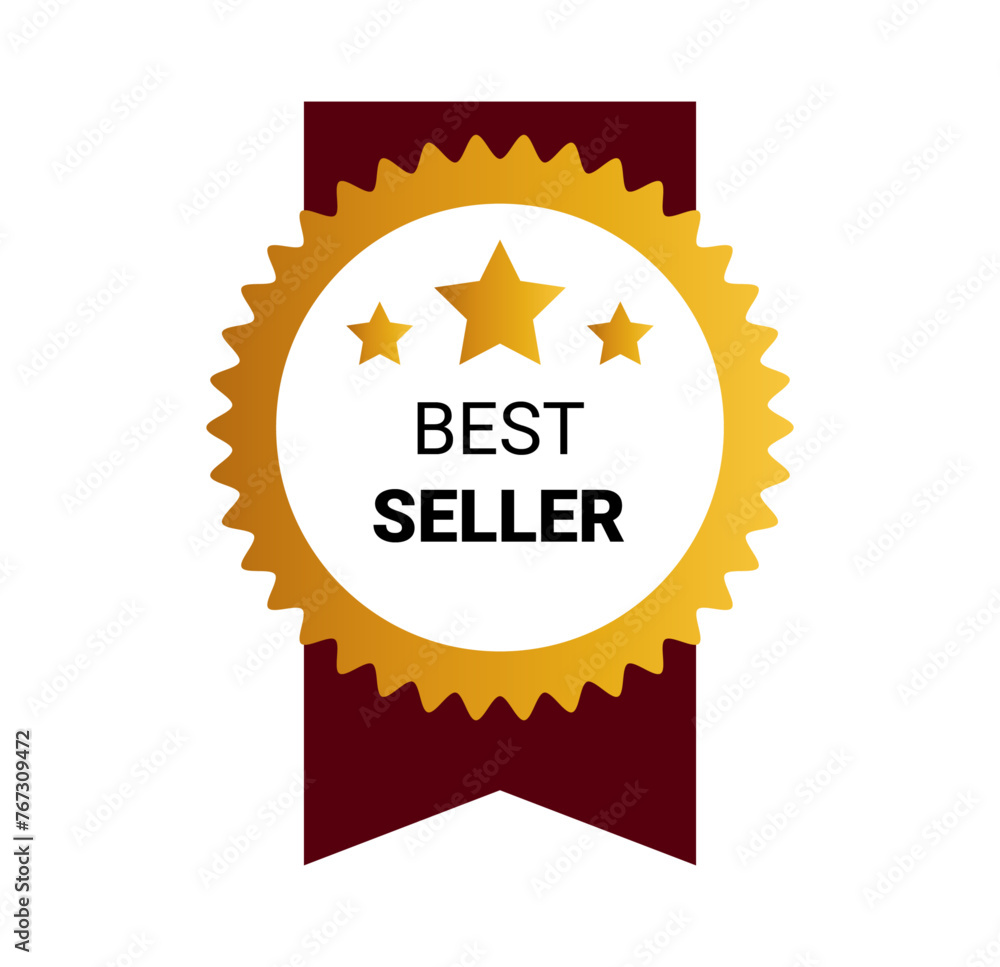 Best seller badge, seal, sticker label with gold medal and reddish ...