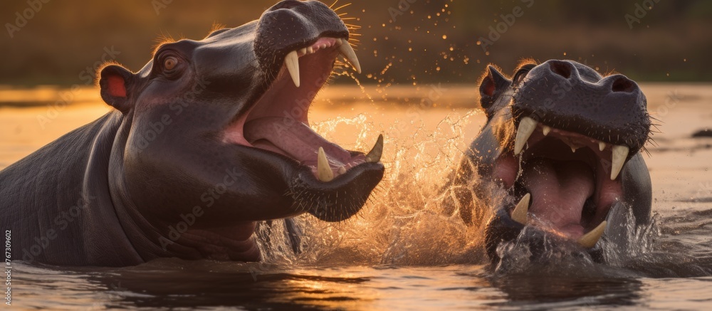 Two hippos are joyfully swimming in the liquid, their mouths wide open ...