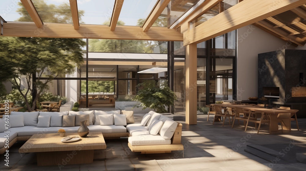 Light and airy indoor/outdoor living pavilion with glass wall systems ...