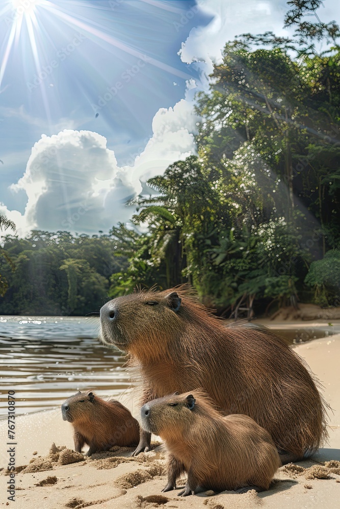 Hydrochoerus hydrochaeris. An adult large capybara and its cubs on the ...