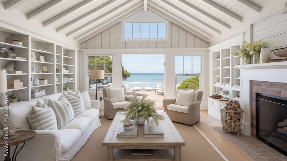 Light-filled beach house with vaulted beadboard ceilings shiplap walls ...