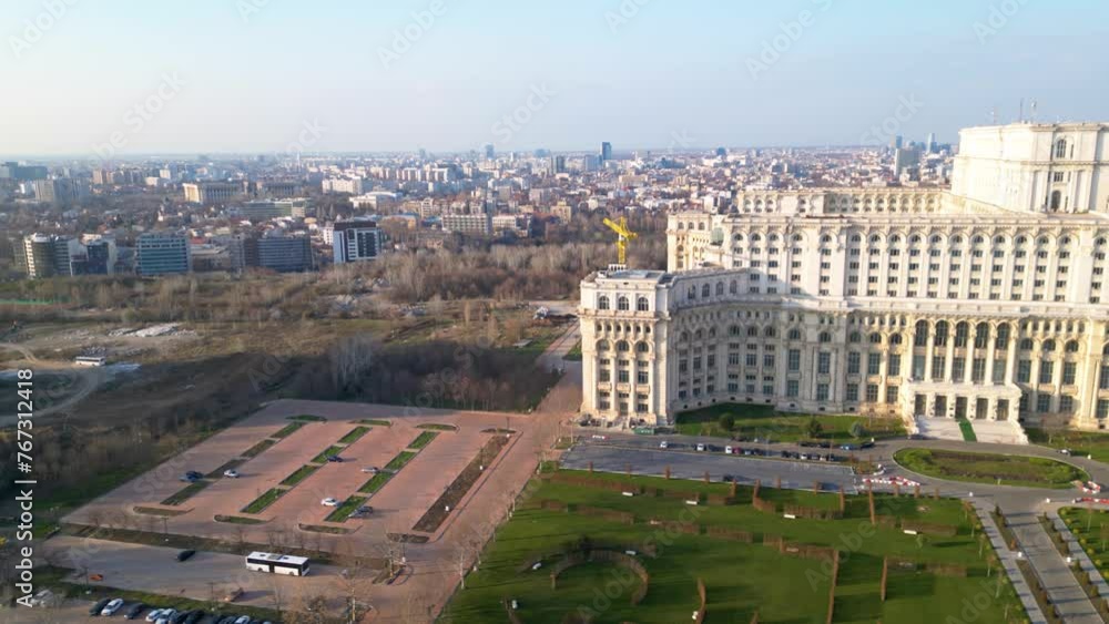 High angle drone footage of the Palace of the parliament in Bucharest ...