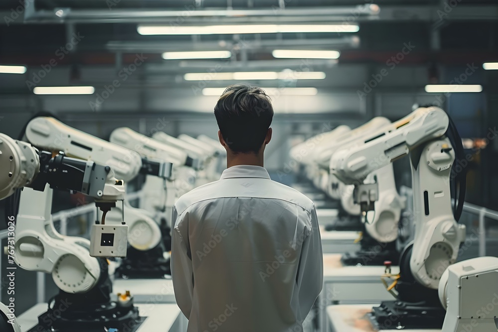 An industrial engineer oversees automation robot arms in a smart ...