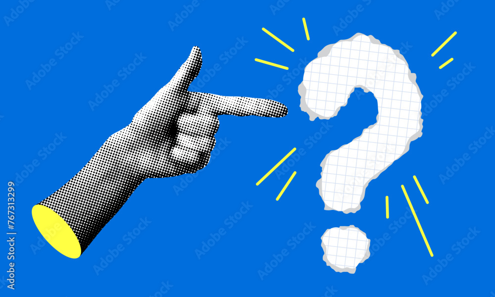 Modern collage with pointing hand and question mark. Paper cutout. Torn ...