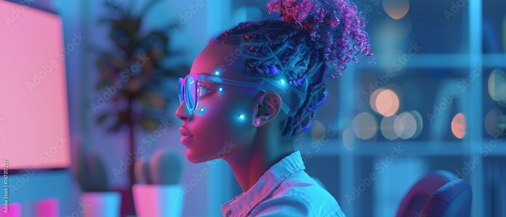 Conjure an image of a character with holographic hair and translucent ...