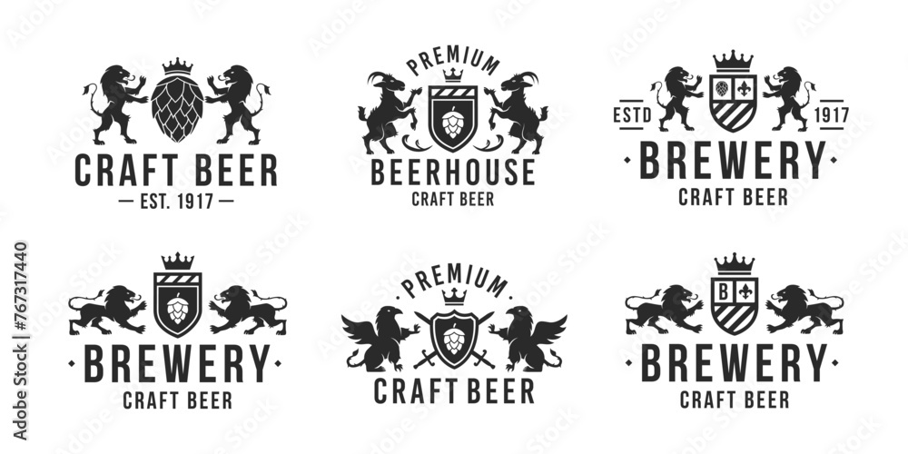 Beer, brewery logo set. Vintage beer logo with heraldic animals.Vintage ...