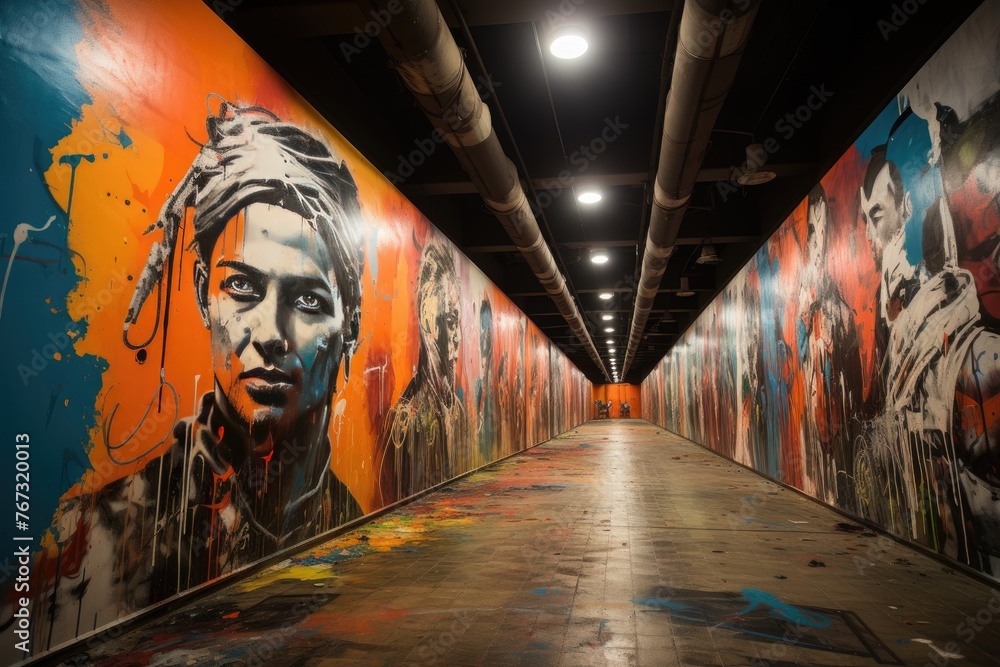 Stadium tunnels display colorful historical murals., generative IA ...
