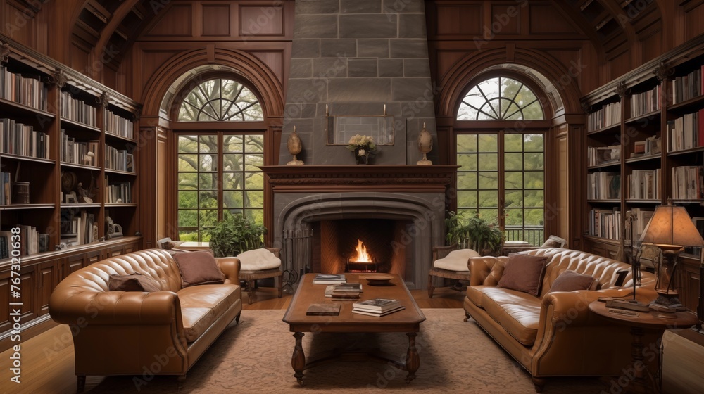 Historic colonial estate library with custom wood paneling arched ...