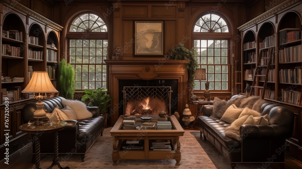 Historic colonial estate library with custom wood paneling arched ...