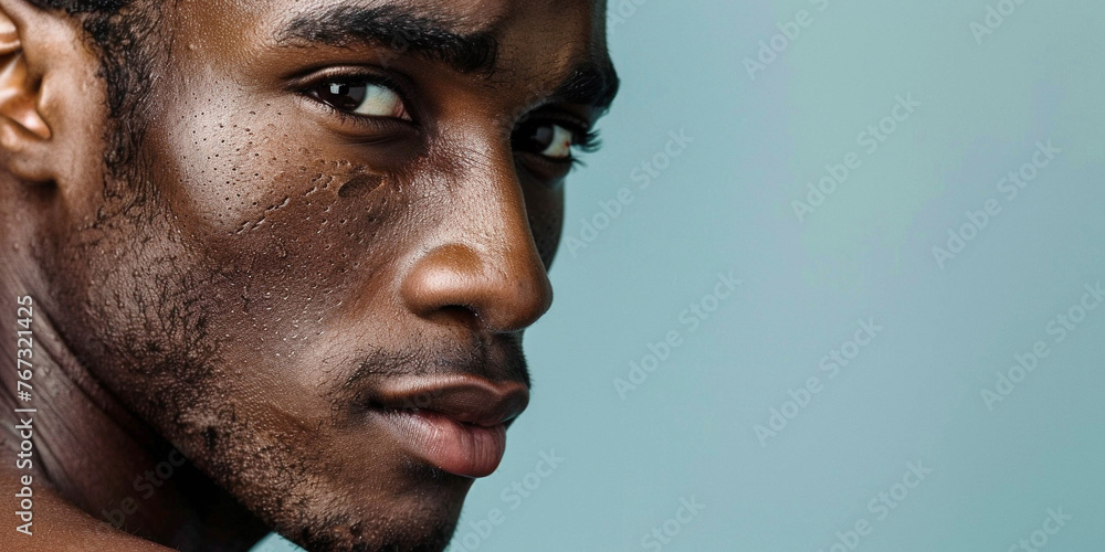 Photo of a black man with a scar on his face in light colors. Banner ...