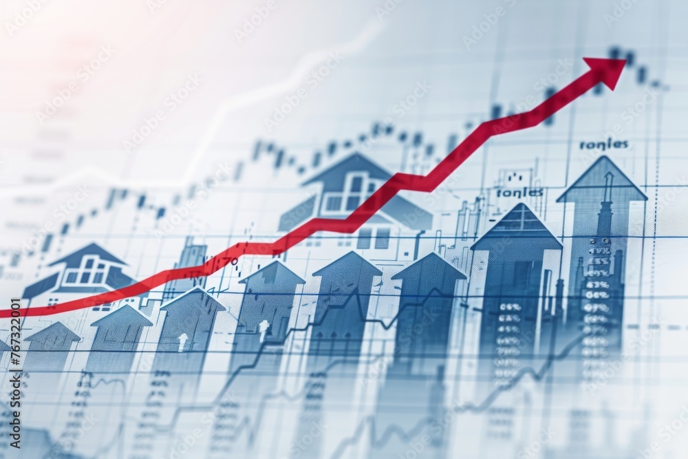 A graph showing an upward trend in real estate growth, with houses on ...
