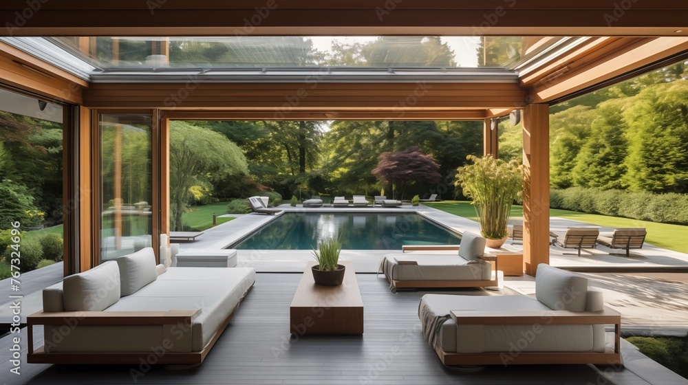 Indoor/outdoor living pavilion with movable glass walls and folding ...