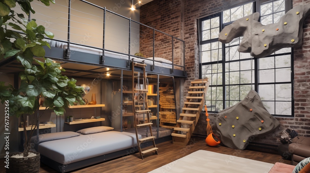 Industrial chic indoor/outdoor kids' fort bunkroom with indoor rock ...