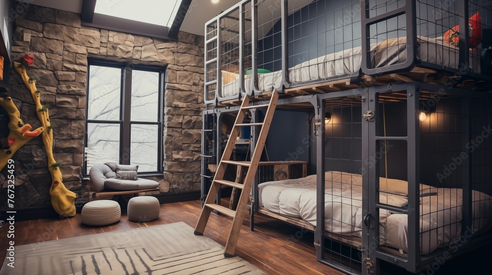 Industrial chic indoor/outdoor kids' fort bunkroom with indoor rock ...
