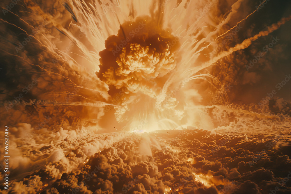 A close-up shot of a nuclear explosion, the shockwave rippling through ...