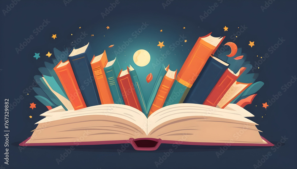 Flat design cartoon World Book Day illustration. Open book with stories ...