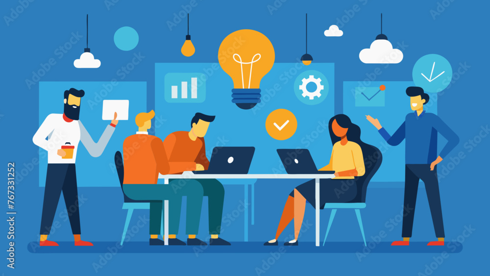 Inside a sleek and modern innovation lab a team of creative thinkers ...