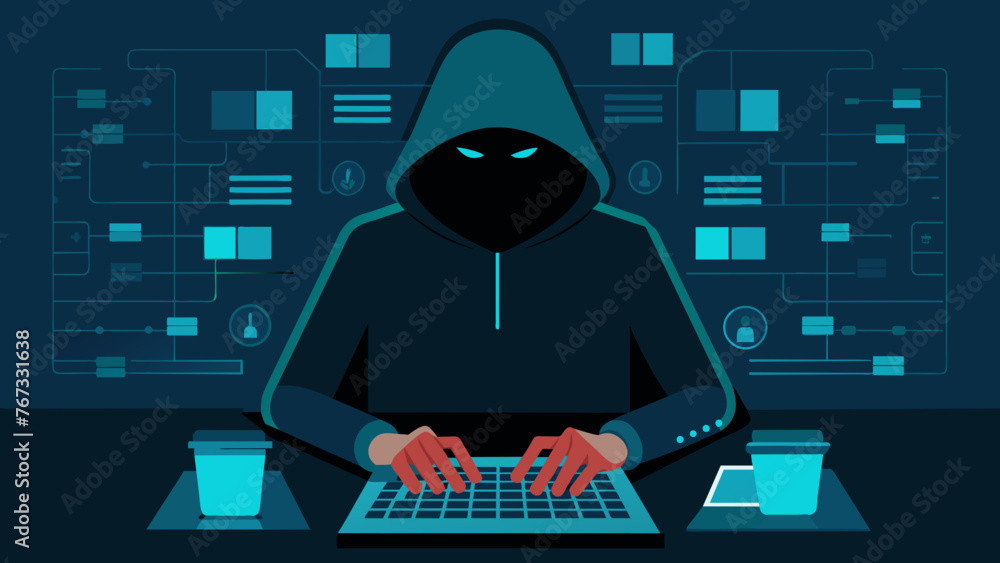 A blurred image of a hackers hands typing on a keyboard overlaid with lines of code and cryptic ...