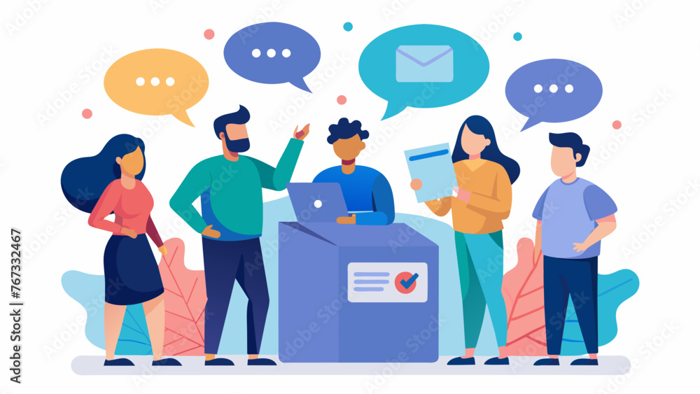 A group of customers gather around a suggestion box sharing their ...