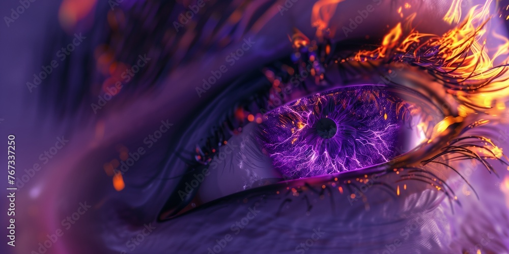 Woman's purple eye in the dark. Fire. Piercing eyes. Burning demonic ...