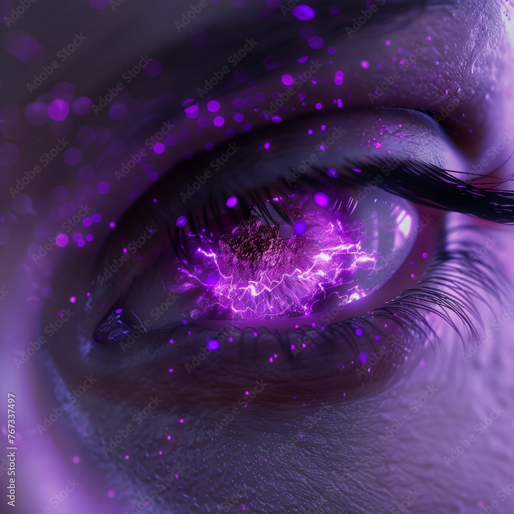 Woman's purple eye in the dark. Fire. Piercing eyes. Burning demonic ...
