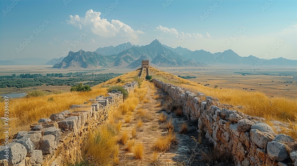 Remains of ancient fortification wall with tower. Ancient history ...